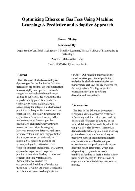 Pdf Optimizing Ethereum Gas Fees Using Machine Learning A Predictive And Adaptive Approach