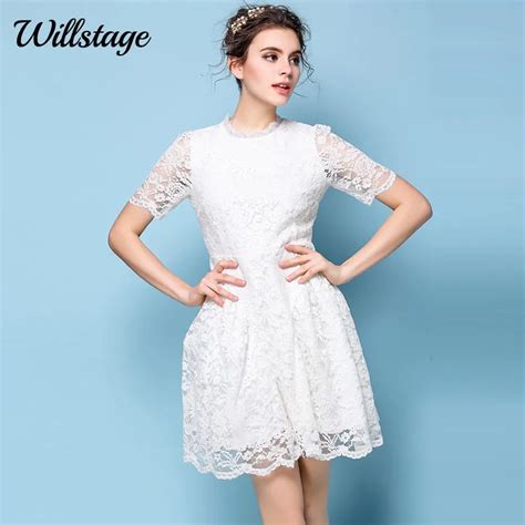 Willstage White Lace Dress Short Sleeve Elegant Party Ball Gown Floral Women Dresses 2018 Summer