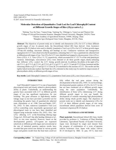 Pdf Molecular Detection Of Quantitative Trait Loci For Leaf Chlorophyll Content At Different