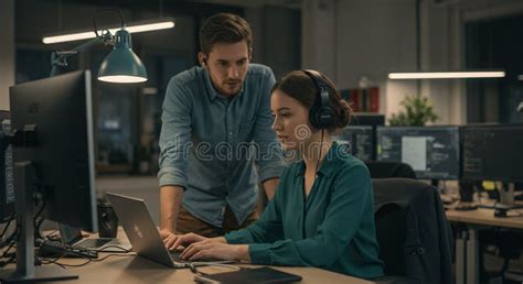 Software Teamwork Developers Collaborating On Code Office Environment Problem Solving