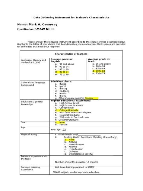 Celso M Amoto Pts 2 Data Gathering Instrument For Trainee Pdf
