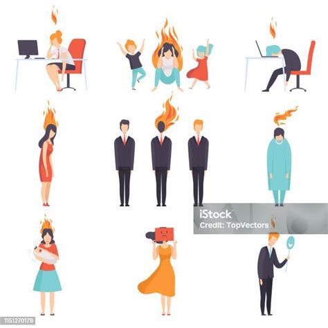 불타는 두뇌 세트 감정적인 번 아웃 개념 스트레스 두통 우울증 심리적 문제 벡터 일러스트 레이 션을 가진 피곤한 사람들을 지쳐 직원에 대한 스톡 벡터 아트 및 기타 이미지