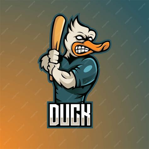 배지 엠블럼 및 티셔츠 인쇄를위한 현대적인 일러스트 컨셉 스타일로 오리 마스코트 로고 디자인 야구 스틱을 들고있는 오리 프리미엄 벡터