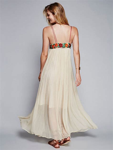 Chiffon Maxi Dress Ecru White Spaghetti Straps Flowers Embroidered