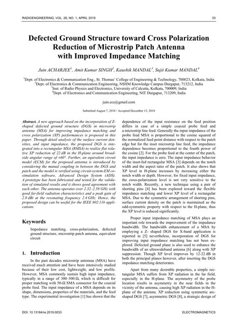 Pdf Defected Ground Structure Toward Cross Polarization Reduction Of Microstrip Patch Antenna