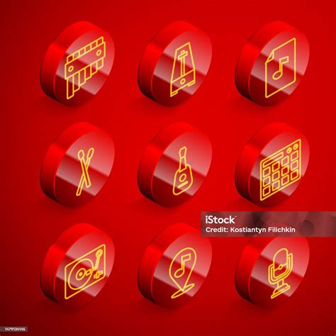 세트 라인 팬 플루트 진자와 메트로놈 음악 책 노트 드럼 스틱 기타 기계 비닐 플레이어 비닐 디스크 및 위치 음악 아이콘 벡터 3차원 형태에 대한 스톡 벡터 아트 및 기타