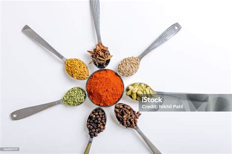 다양한 향신료 흰색 배경에 숟가락 복사 공간이 있는 맨 위 뷰입니다 강황에 대한 스톡 사진 및 기타 이미지 Istock