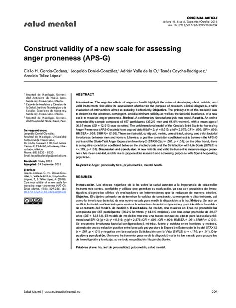 Pdf Construct Validity Of A New Scale For Assessing Anger Proneness Aps G