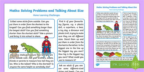 Eyfs Maths Solving Problems And Talking About Size Home Learning Challenges