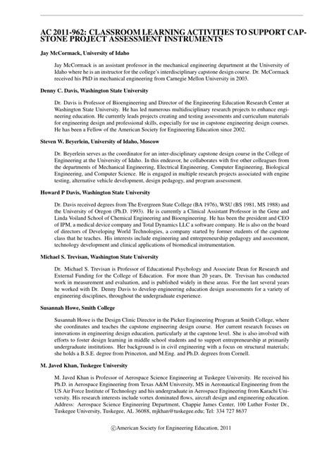 Pdf Classroom Learning Activities To Support Capstone Project Assessment Instruments