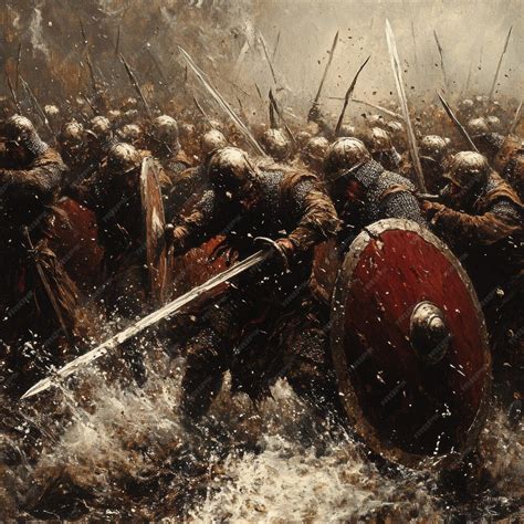 Pintura De Escenas De Batalla Medievales Espadas Escudos Y Guerreros