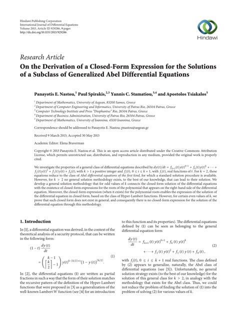 Pdf On The Derivation Of A Closed Form Expression For The Solutions Of A Subclass Of