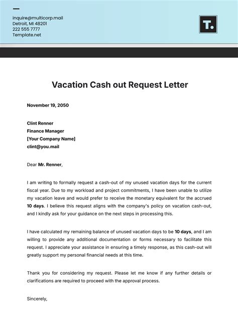 Free Vacation Cash Out Request Letter Template To Edit Online