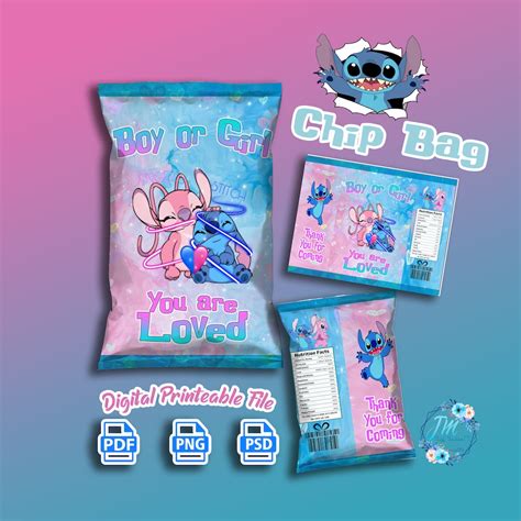 Gender Reveal Stitch And Angel Chip Bag Label Template With Font Include Etsy