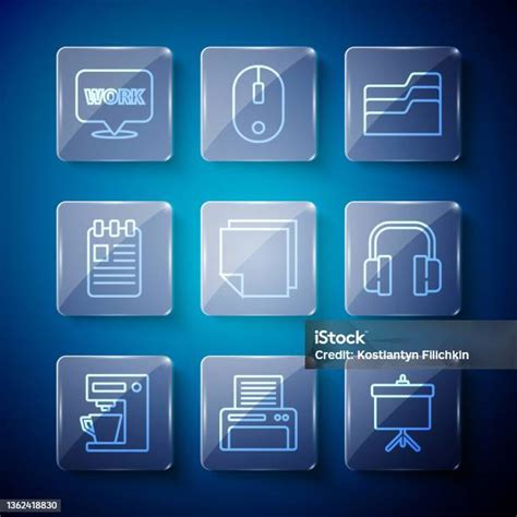 세트 라인 커피 머신 프린터 다이어그램칠이 있는 칠판 문서 폴더 포스트 노트 스티커 나선형 노트북 위치 텍스트 작업 및 헤드폰 아이콘 벡터 0명에 대한 스톡 벡터 아트 및