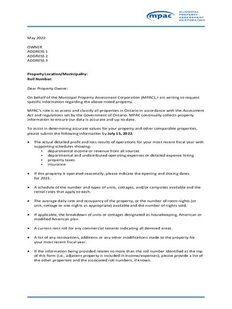 Fillable Online Municipal Property Assessment Corporation Mpac And