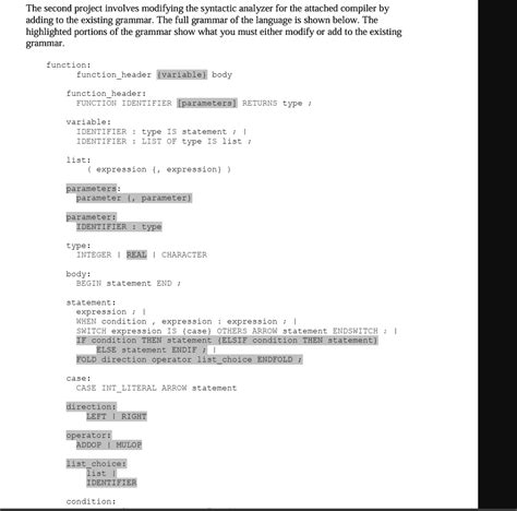 the second project involves modifying the syntactic analyzer for the attached compiler by adding