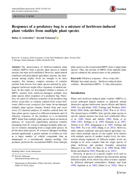 Pdf Responses Of A Predatory Bug To A Mixture Of Herbivore Induced Plant Volatiles From