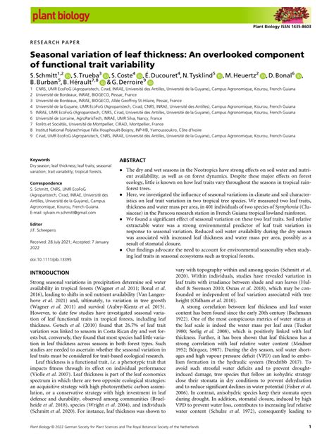 Pdf Seasonal Variation Of Leaf Thickness An Overlooked Component Of Functional Trait Variability