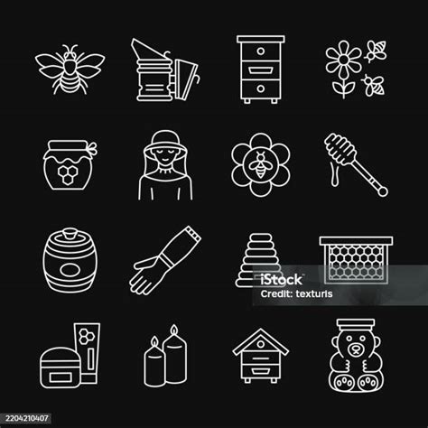 양봉 라인 흰색 아이콘이 검은 배경에 설정되어 있습니다 꿀 꿀벌 벌집 양봉가 장비 양봉장이 있는 컬렉션 심볼 편집 가능한 스트로크 건강한 생활방식에 대한 스톡 벡터 아트 및