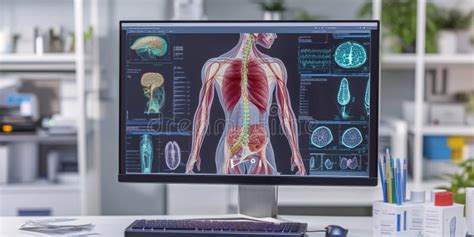 Human Anatomy Visualization On Computer Screen With Detailed Brain Spine And Organ