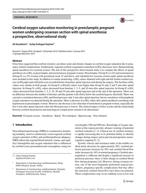 Cerebral Oxygen Saturation Monitoring In Preeclamptic Pregnant Women Undergoing Cesarean Section