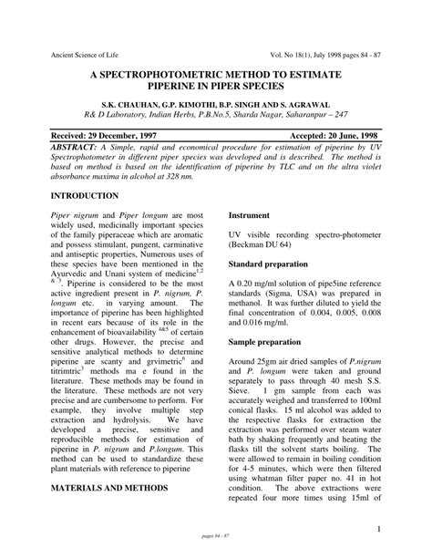 Pdf A Spectrophotometric Method To Estimate Piperine In Piper Species