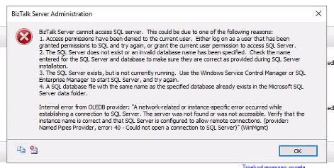 Biztalk Server Error Biztalk Server Cannot Access Sql Server