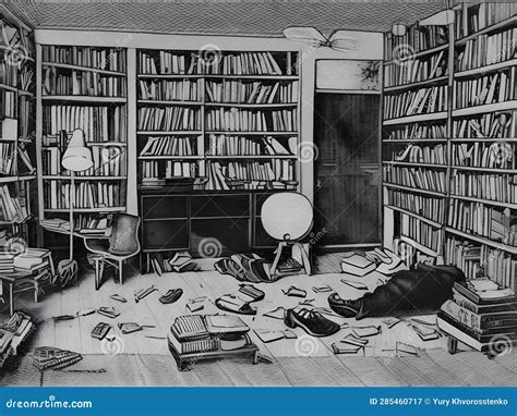 Monochrome Drawing Of The Library Generative Ai Stock Illustration