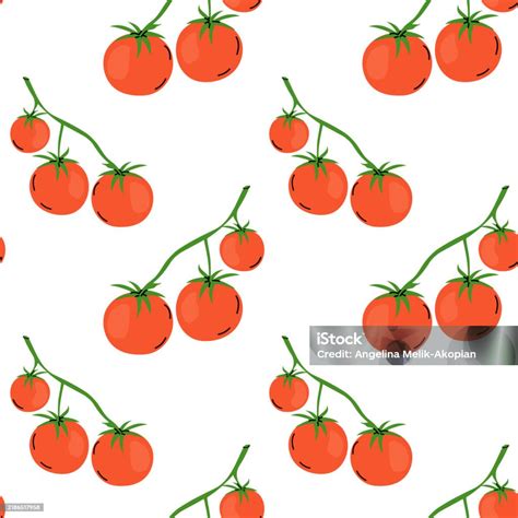 흰색 배경에 녹색 덩굴에 매달려 있는 밝은 색상의 토마토가 매끄러운 패턴으로 되어 있습니다 농업에 대한 스톡 벡터 아트 및 기타
