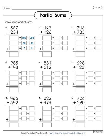 Partial Sums Addition Worksheets