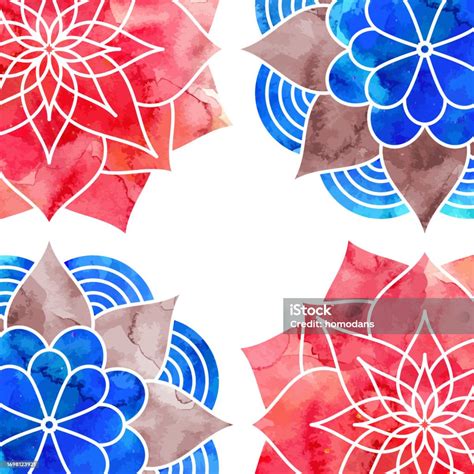 파란색과 빨간색 수채화 패턴 만다라로 장식 된 표지 프레임 고풍스런에 대한 스톡 벡터 아트 및 기타 이미지 고풍스런 그리기 꽃 식물 Istock