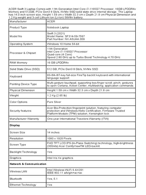 Acer Swift 3 Specs Pdf Laptop Usb