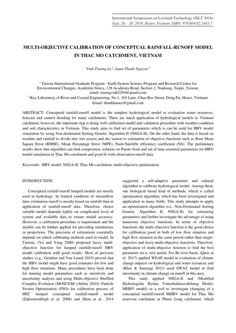 Pdf Multi Objective Calibration Of Conceptual Rainfall Runoff Model In Thac Mo Catchment Vietnam