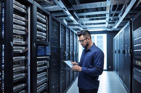 Engineer Working Server Room Internet Network Connection With Data Center Digital Technology