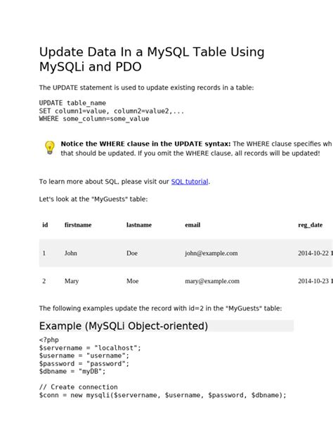 update data in a mysql table using mysqli and pdo pdf databases