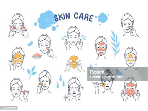 손으로 그린 얼굴 관리 낙서 피부 얼굴 마스크 및 보호 인포 그래픽 요소 소녀 만화 캐릭터 벡터 만화 세트 몸 가꾸기에 대한 스톡 벡터 아트 및 기타 이미지 Istock