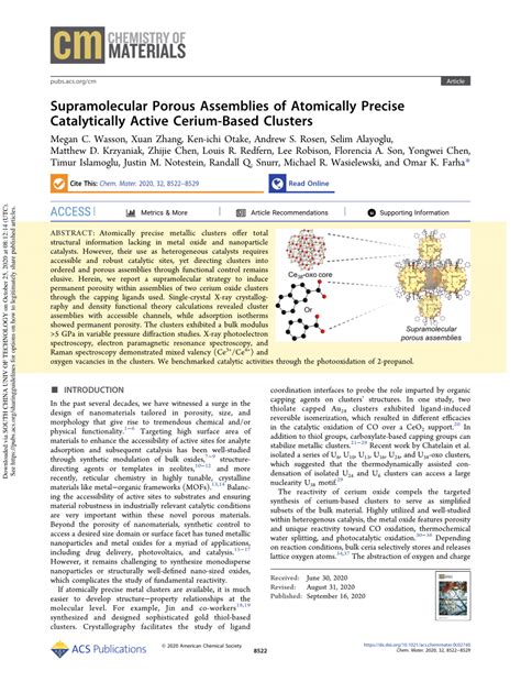 Pdf Supramolecular Porous Assemblies Of Atomically Precise Catalytically Active Cerium Based