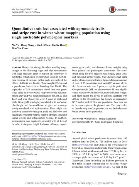 Quantitative Trait Loci Associated With Agronomic Traits And Stripe Rust In Winter Wheat Mapping