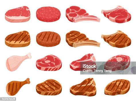 만화 날고기와 구운 고기 스테이크 신선한 버거 패티 구운 구운 돼지고기와 쇠고기 스테이크 생고기 반제품 평면 벡터 일러스트 세트 정육점 음식 스테이크에 대한 스톡 벡터 아트