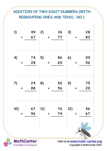 Addition Of Two Digit Numbers With Regrouping Ones And Tens No1 Worksheets Math Center