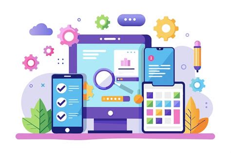 A Colorful Illustration Displaying Mobile Devices And A Monitor Used