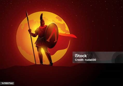 방패와 창을 들고 보름달을 향해 용감하게 서있는 스파르타 전사 가공의 인물에 대한 스톡 벡터 아트 및 기타 이미지 가공의 인물 갑옷 경관 Istock