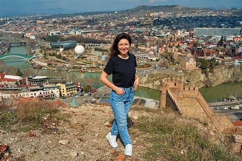 Cute Girl Admires Tbilisi From Hilltop Georgia River Travel Photo