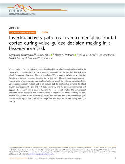 Pdf Inverted Activity Patterns In Ventromedial Prefrontal Cortex During Value Guided Decision