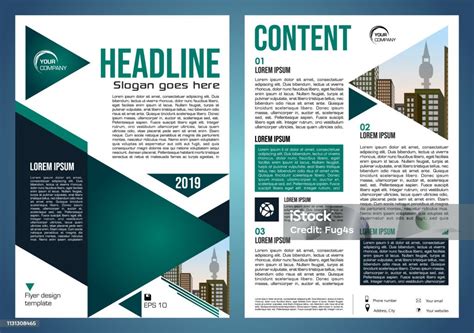 벡터 플라이어 기업 비즈니스 연례 보고서 브로셔 디자인 및 녹색 삼각형 및 도시와 커버 프리 젠 테이 션 개념에 대한 스톡 벡터