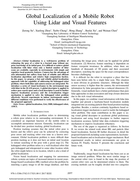 PDF Global Localization Of A Mobile Robot Using Lidar And Visual Features