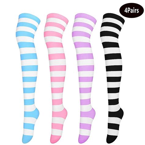 Hozhani Over Knee High Socks 4 Pairs Colourful Stripe Thigh High