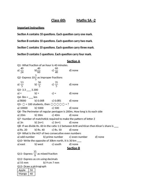 6th Class Maths Sa 2 Question Paper 2024 Pdf Length Division