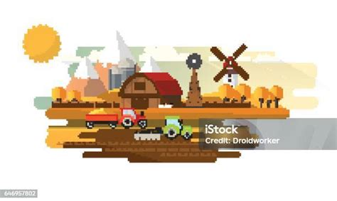 농업 농촌 풍경 벡터 일러스트 레이 션의 화려한 플랫 디자인 가을에 대한 스톡 벡터 아트 및 기타 이미지 가을 곡초류 나무 Istock